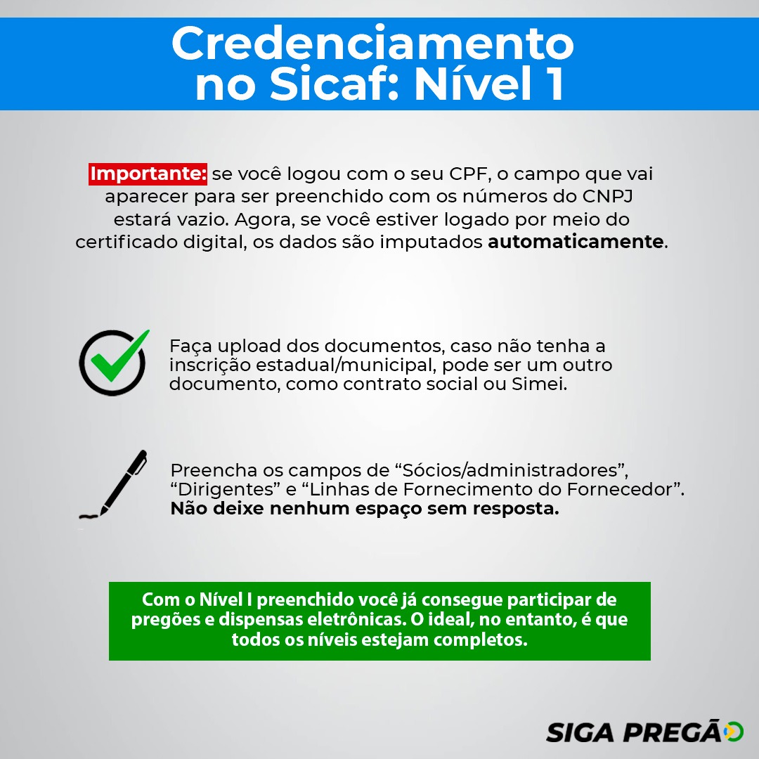 Credenciamento no Sicaf: Nível 1 - SIGA Pregão - Software para Licitantes
